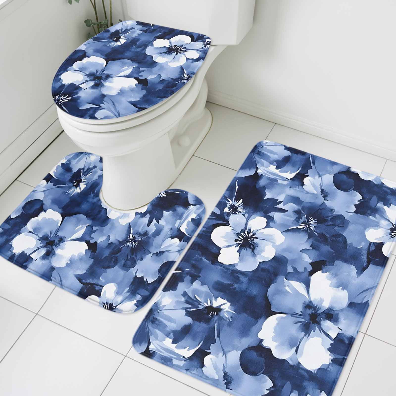 Abstract Blue Bathroom Rugs Set Flower Modern Ink Floral Watercolor ...