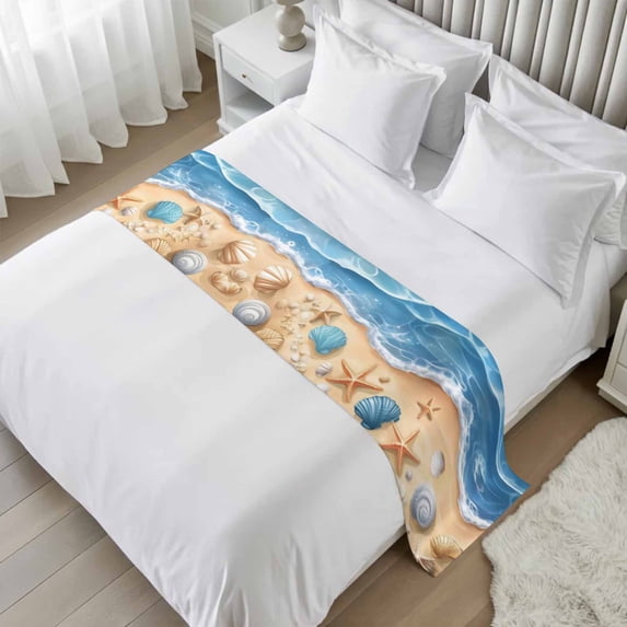 Abstract Blue Bed Runner Scarf, Beach Starfish Seashell Sand Ocean ...