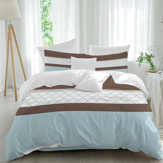 Abstract Blue Bedding Duvet Cover Set Full Size 4 Pieces, Brown Stripes ...