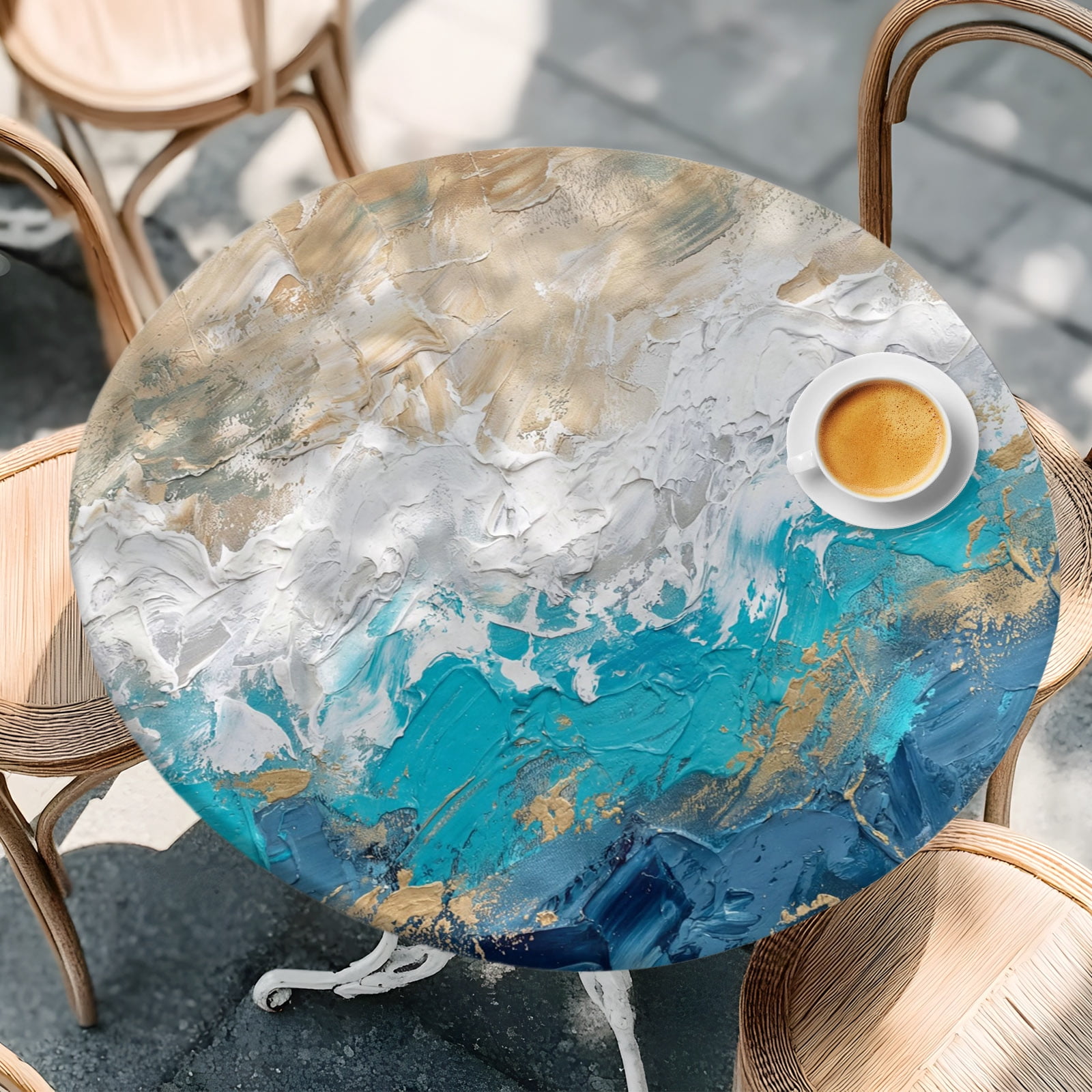 Abstract Blue Beige Gradient Round Fitted Tablecloth with Elastic Edge ...