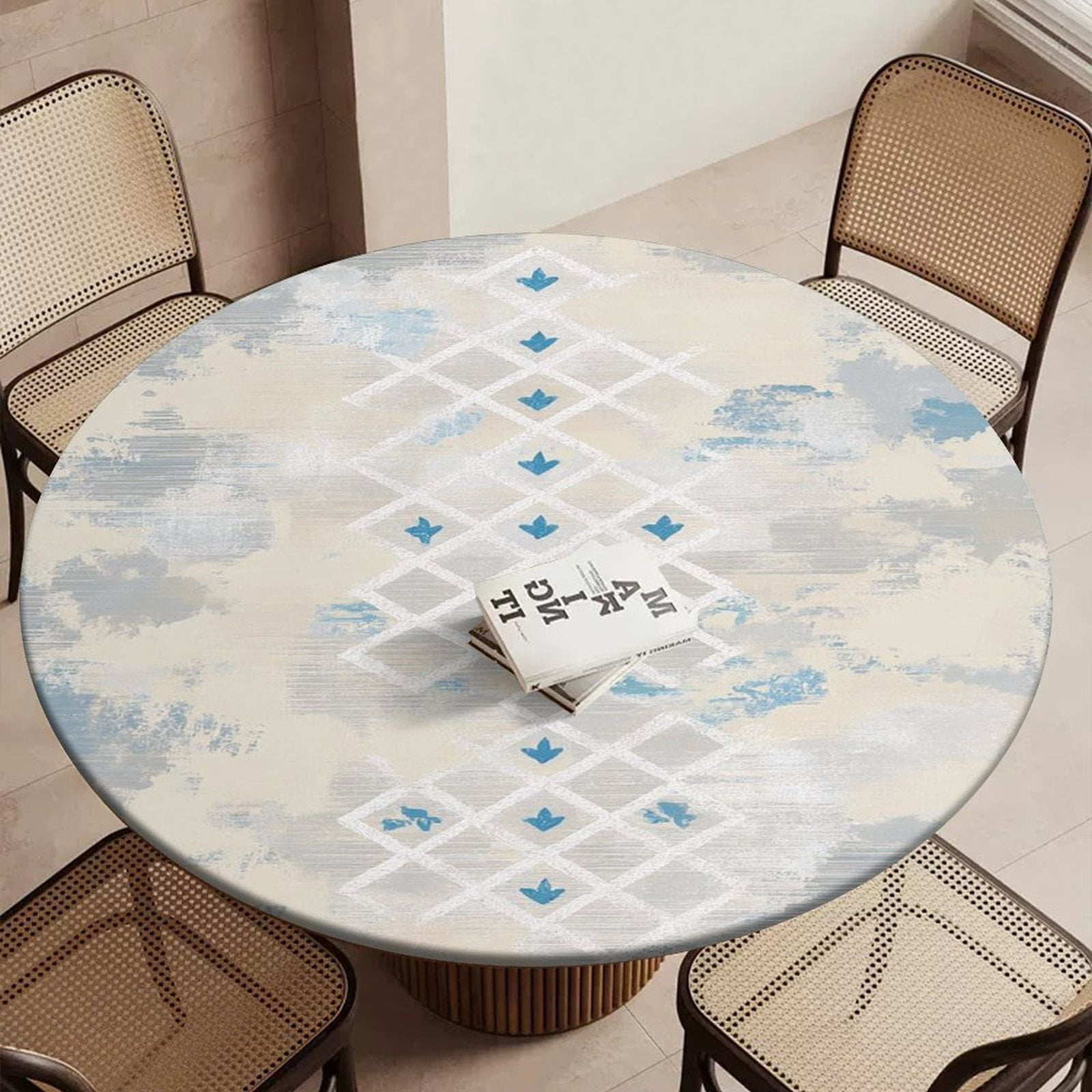 Abstract Blue Beige Pattern Design Round Table Cover Kitchen Printed ...