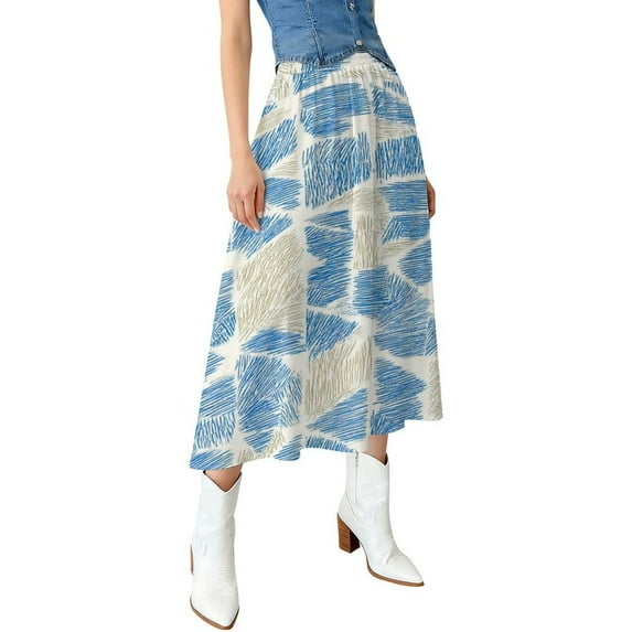 Abstract Blue Beige Pattern Design Women High Waist Midi Skirt Elegant ...