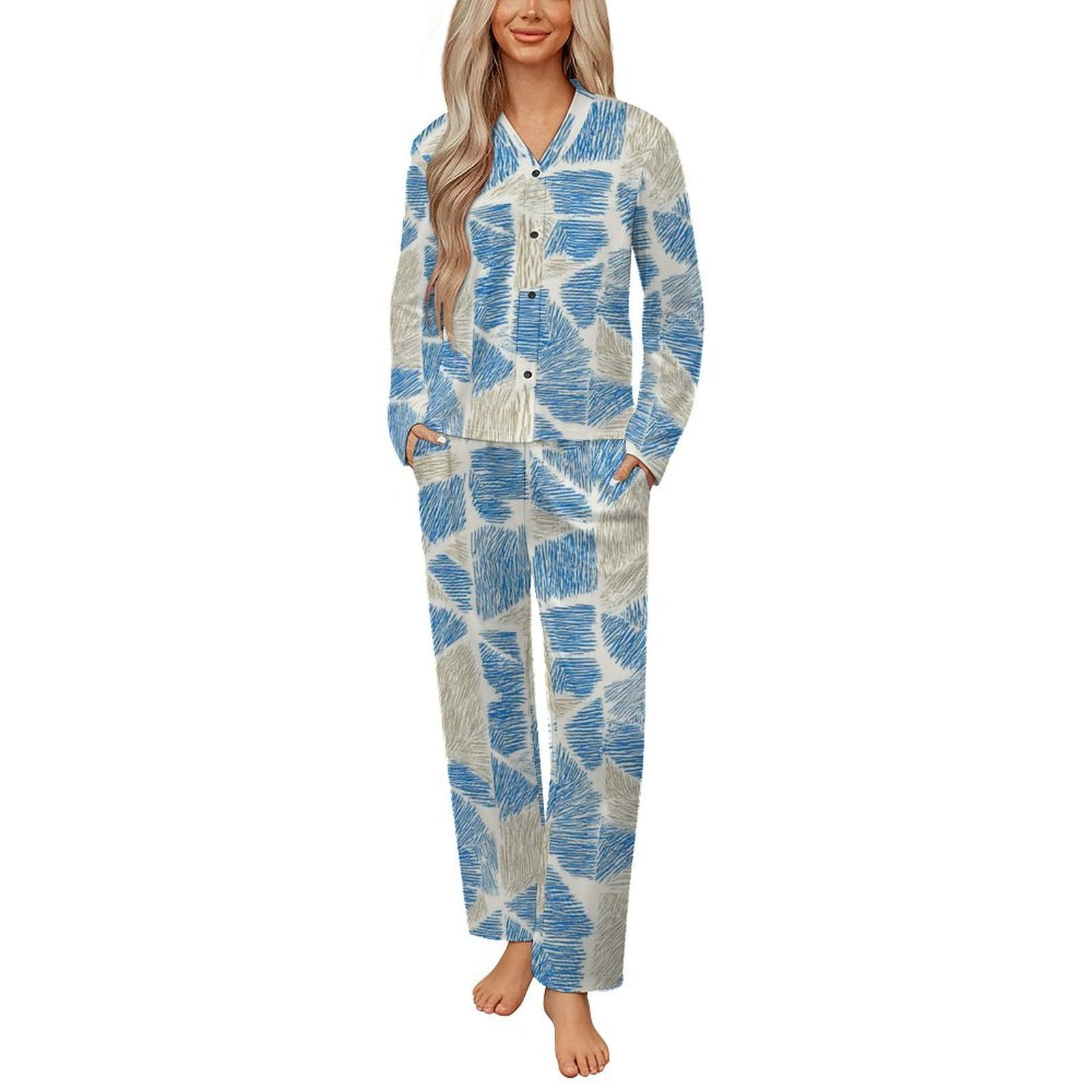 Abstract Blue Beige Pattern Design Womens Pyjamas Set Button Up Pyjamas ...