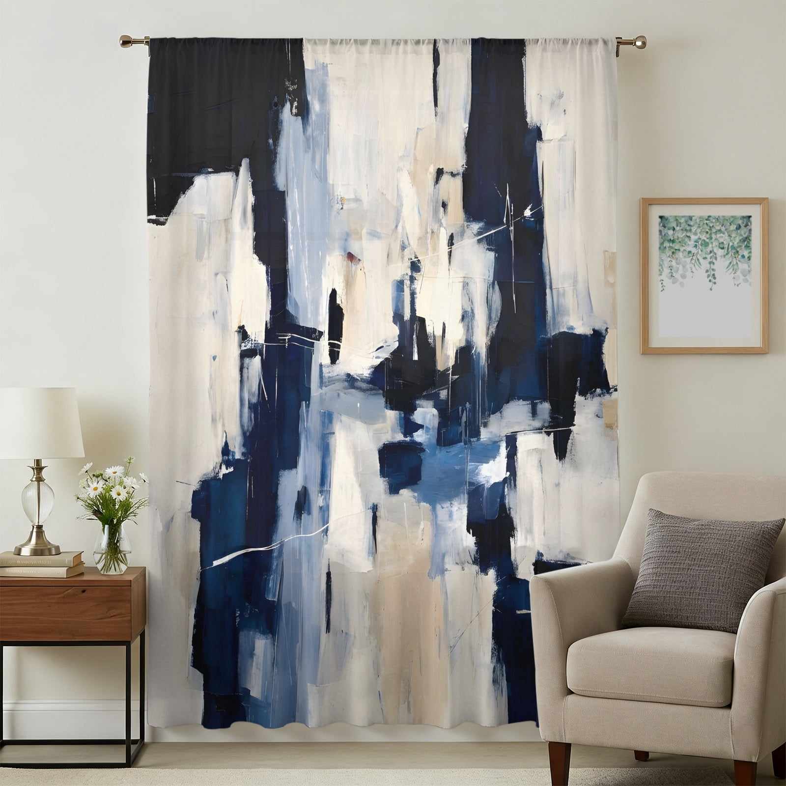 Abstract Blue Beige Sheer Curtains 84 Inches Long for Living Room, Oil ...
