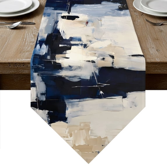 Abstract Blue Beige Table Runner Linen Burlap Table Runner 36 Inches ...