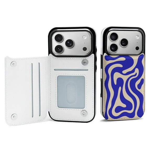 Abstract Blue Beige Wave Pattern Leather Wallet Case for iPhone 16 Plus ...