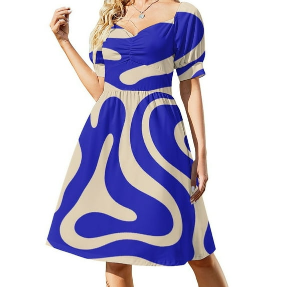 Abstract Blue Beige Wave Pattern Short Sleeve Dress Clothes Women's ...
