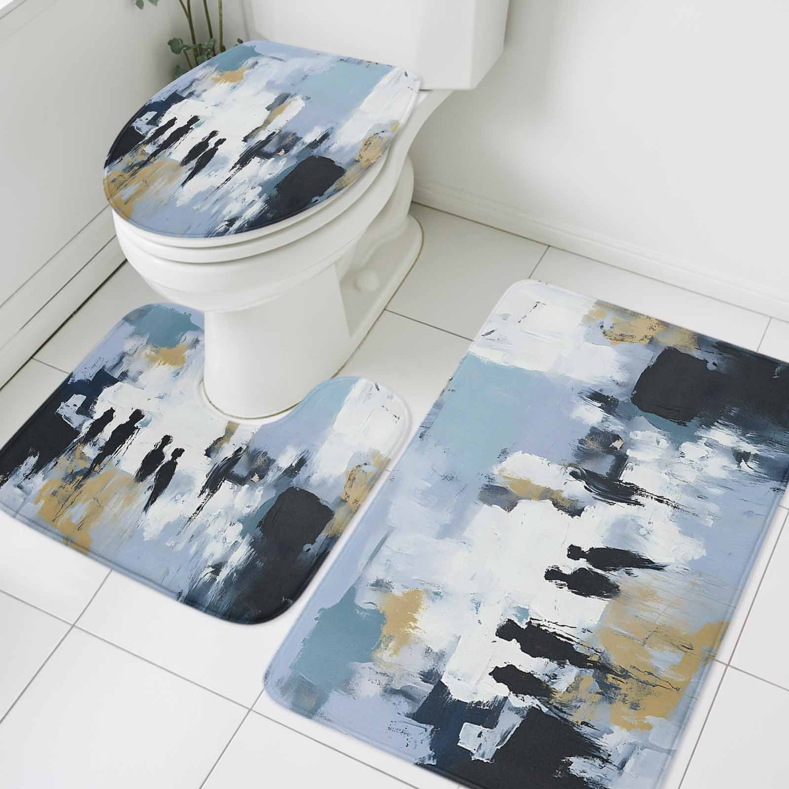 Abstract Blue Black Bathroom Rugs Set Modern Oil Painting Art Non Slip ...