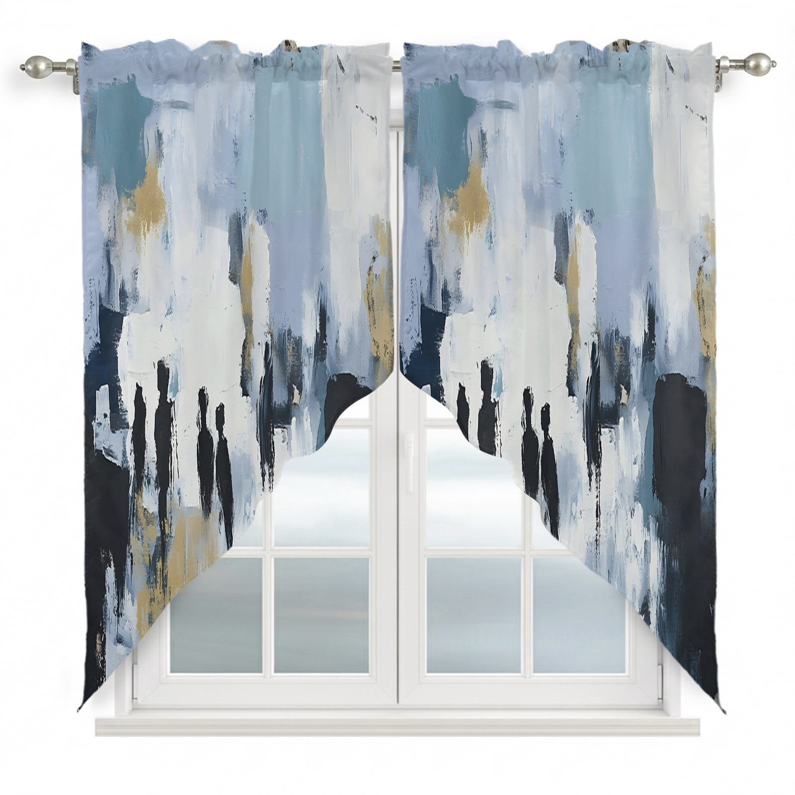 Abstract Blue Black Swag Curtain Valance for Window 2 Panels Modern Oil ...