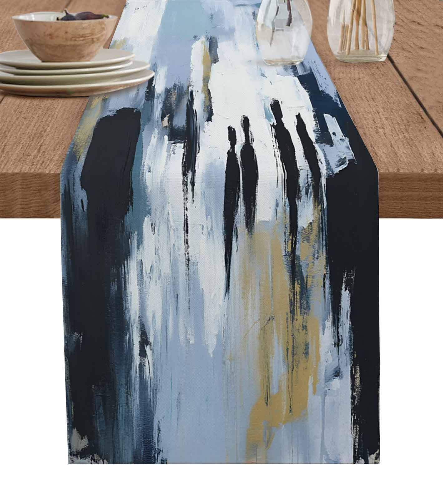 Abstract Blue Black Table Runner Cotton Linen 120 Inch Holiday Dresser ...