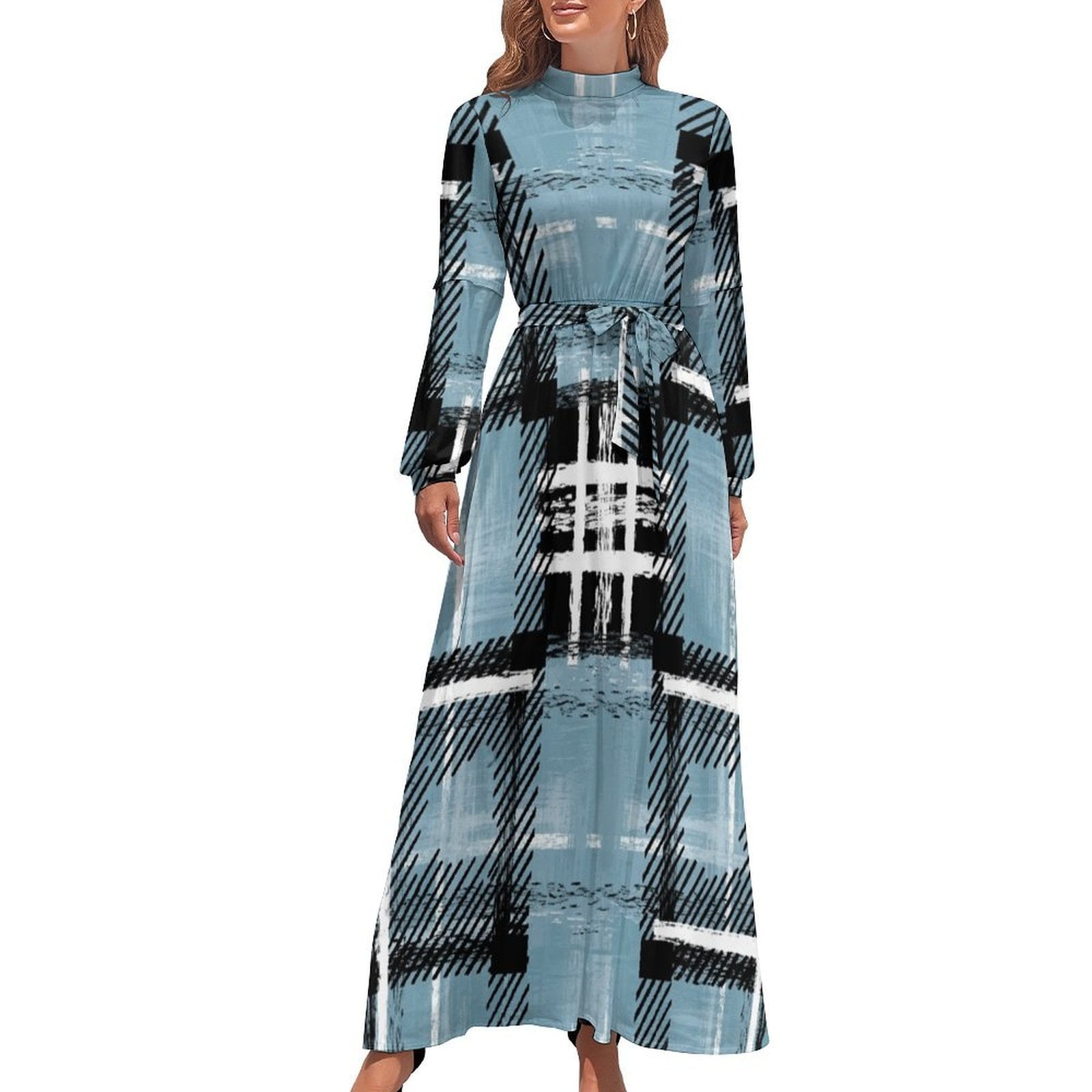 Abstract Blue Black White Plaid Pattern Women's Long Dress Long Sleeves ...