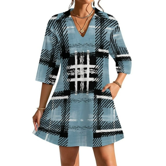 Abstract Blue Black White Plaid Pattern Womens Dress With Pockets ...