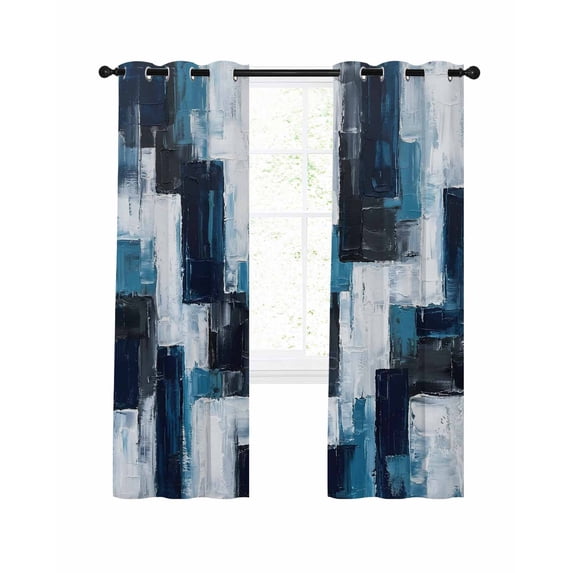 Abstract Blue Blackout Curtains 63 Inch Length Black White Color Block ...