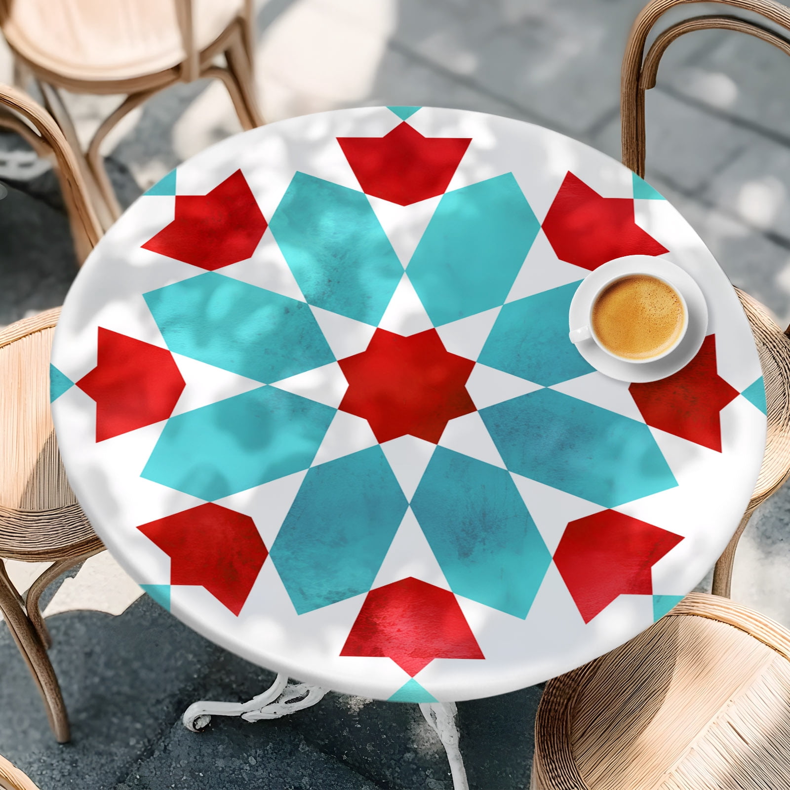 Abstract Blue Bohemian Ethnic Round Fitted Tablecloth with Elastic Edge ...