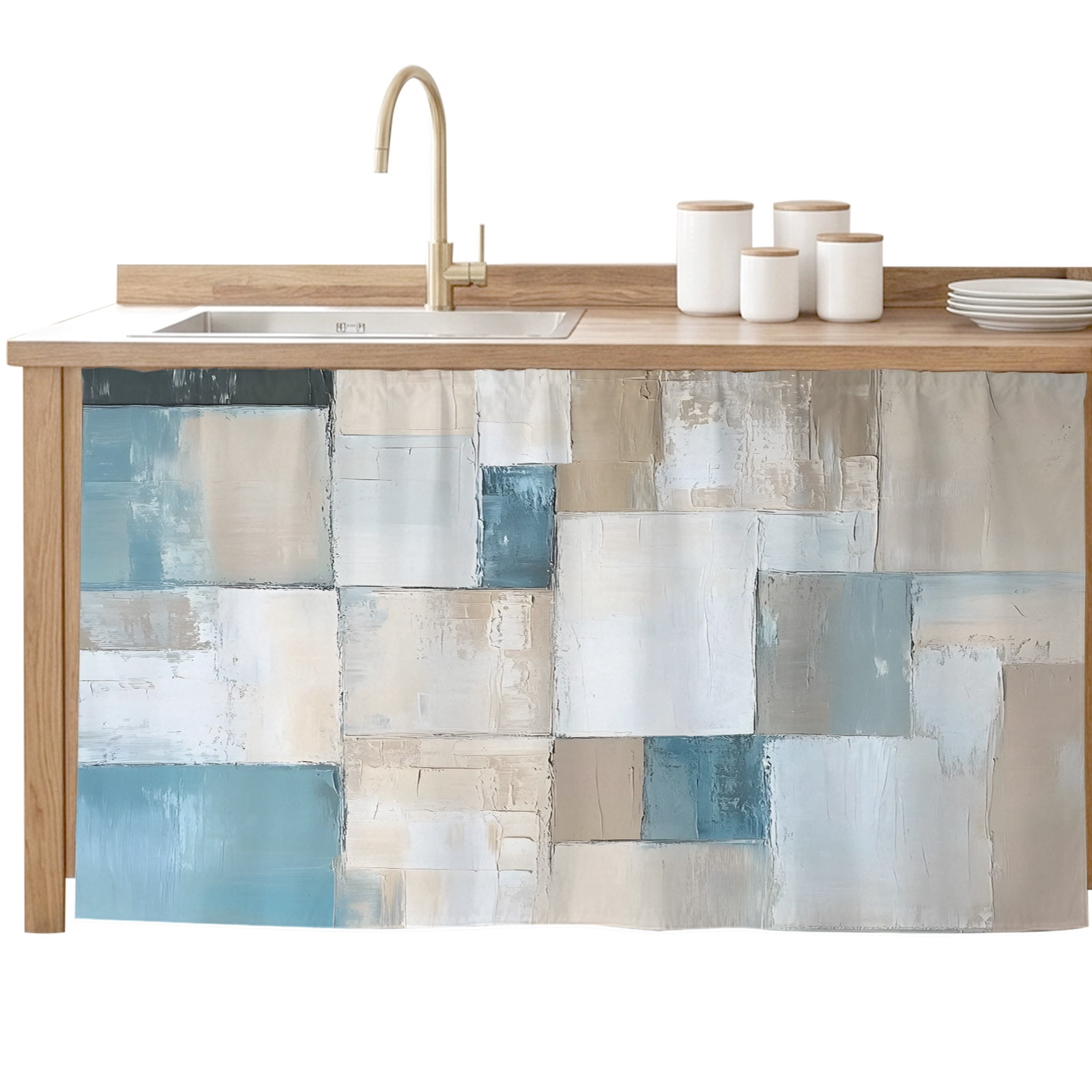 Abstract Blue Brown Cabinet Curtains 32"W x 55"L,Dustproof Sink Skirt ...