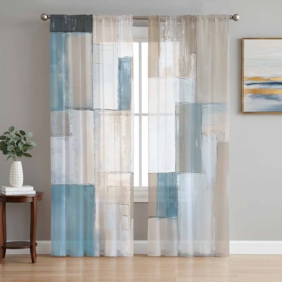 Abstract Blue Brown Sheer Curtains 96 Inch Length 2 Panels Set, Oil ...