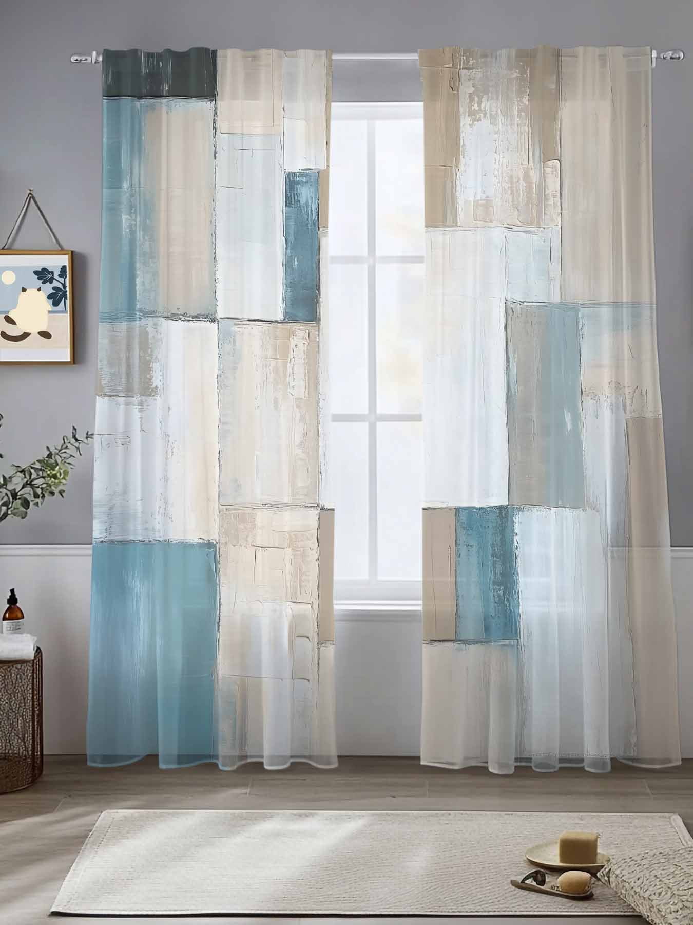 Abstract Blue Brown Sheer Curtains for Living Room Bedroom Oil Painting ...