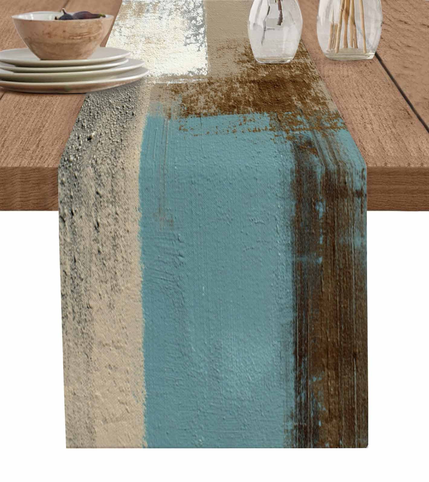 Abstract Blue Burlap Cotton Table Runner 13x60 Inches Long, Brown ...