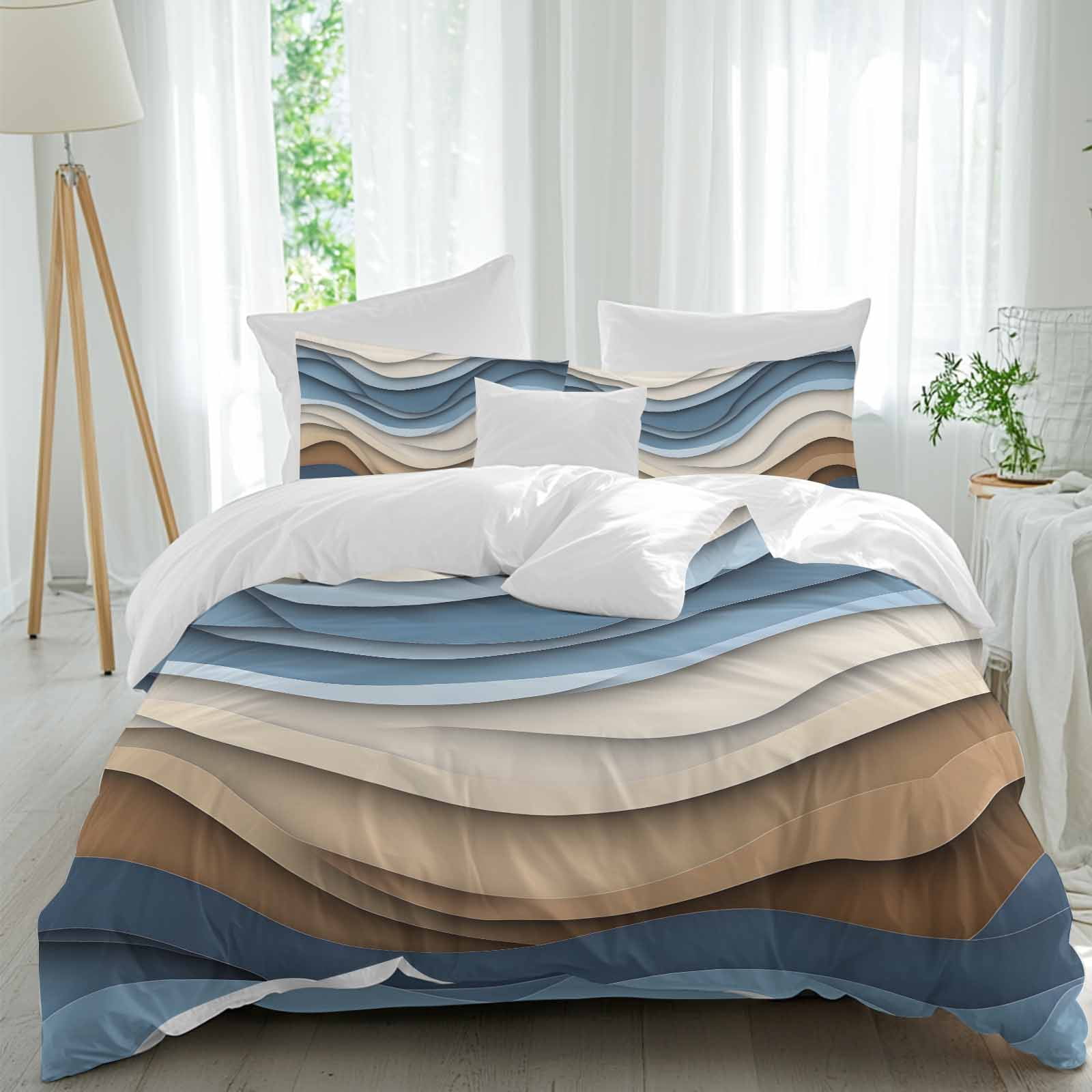 Abstract Blue California King Duvet Cover Set, Brown Ocean Wave Stripe ...
