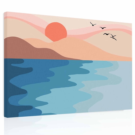 Abstract Blue Canvas Print Wall Art, Ocean Pink Mountain Sun at Sunset ...