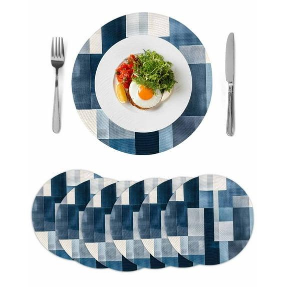 Abstract Blue Checkered Round Table Placemats set of 6, Modern ...