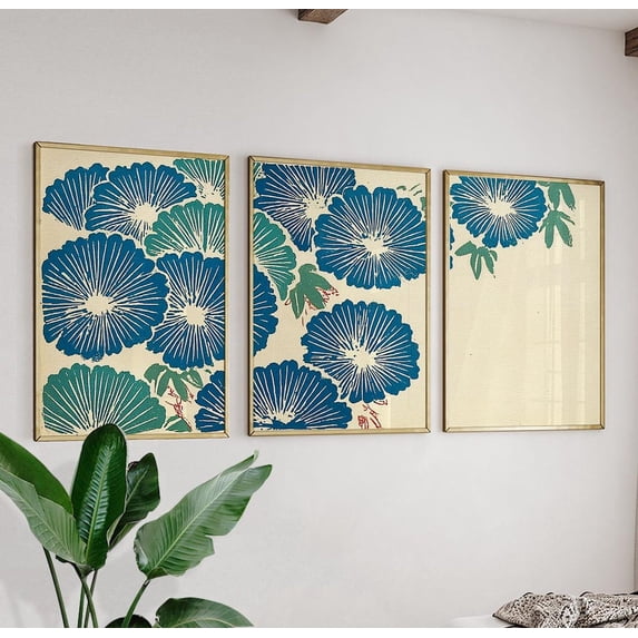 Abstract Blue Chrysanthemum Wall Art Set 3 Stretched Canvas 16x24 ...
