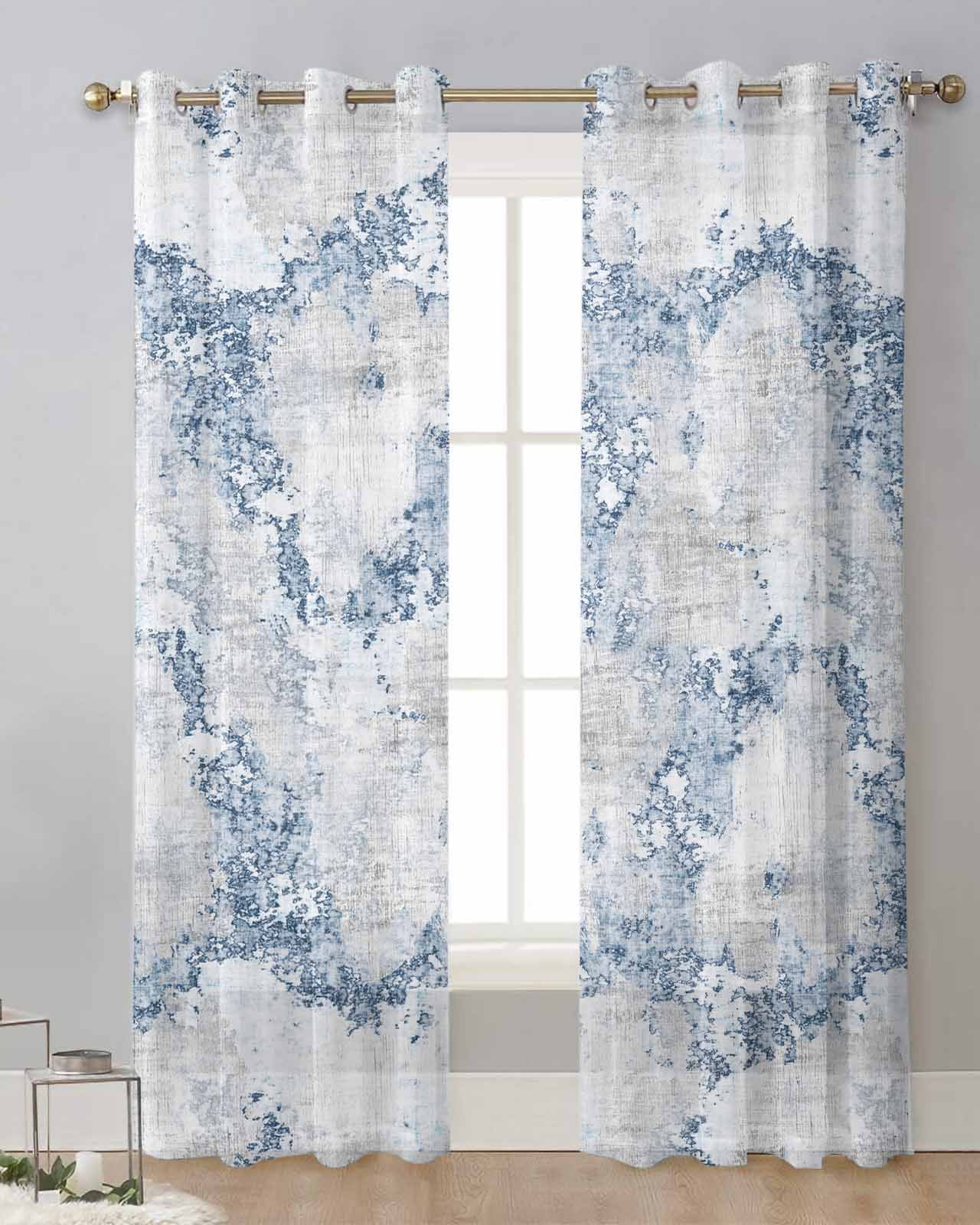 Abstract Blue Cloth Texture Distressed Sheer Curtains For Living Room ...
