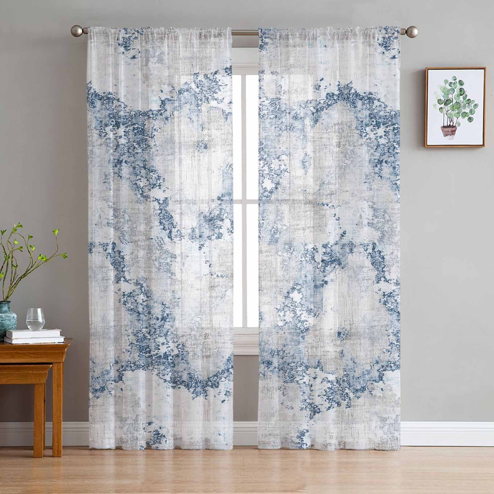 Abstract Blue Cloth Texture Distressed Triangle Tulle Sheer Curtains ...