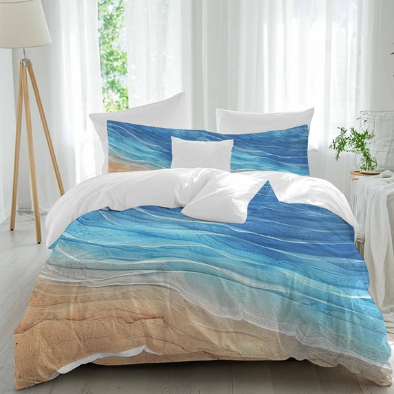 Abstract Blue Comforter Set Queen Size, Ocean Beach Waves Lines ...