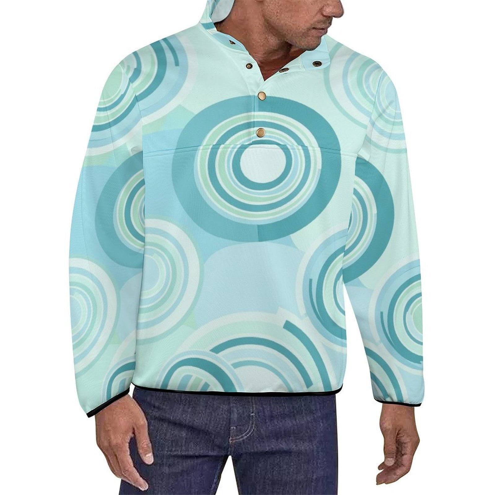 Abstract Blue Concentric Circle Pattern Men's Stand Collar Sweater Long ...