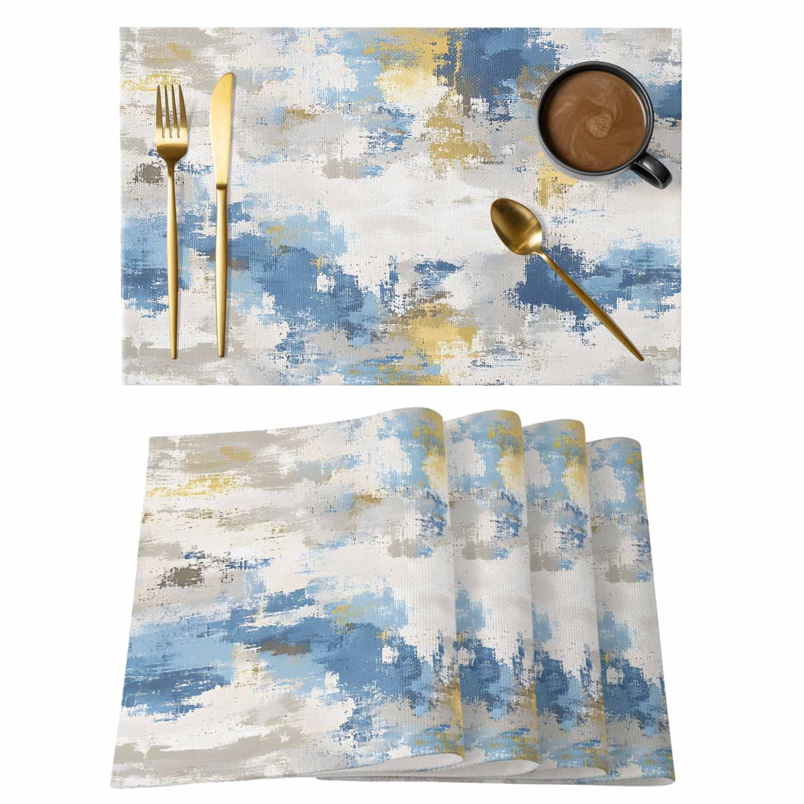 Abstract Blue Cotton Linen Placemats Set of 6, Gray Yellow Mottled ...