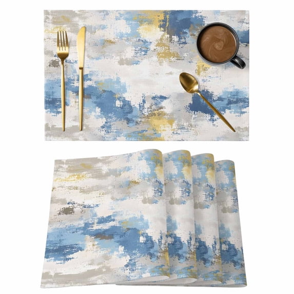 Abstract Blue Cotton Linen Placemats Set of 6, Gray Yellow Mottled ...