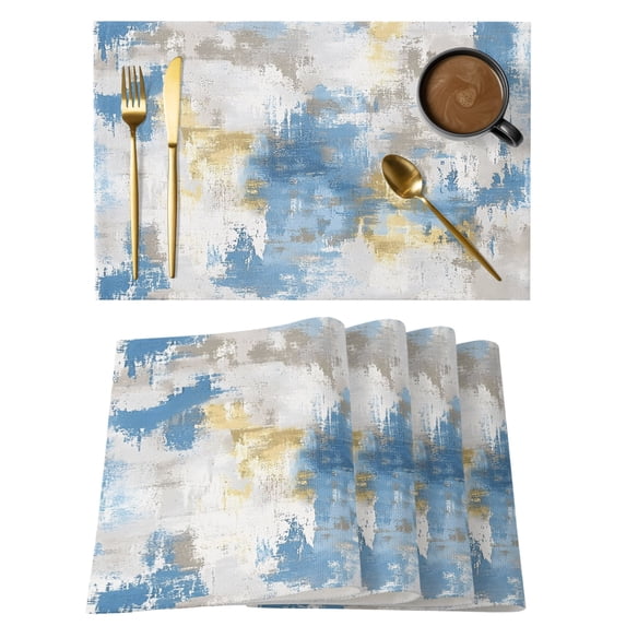 Abstract Blue Cotton Linen Placemats Set of 6, Yellow Gray Mottled ...