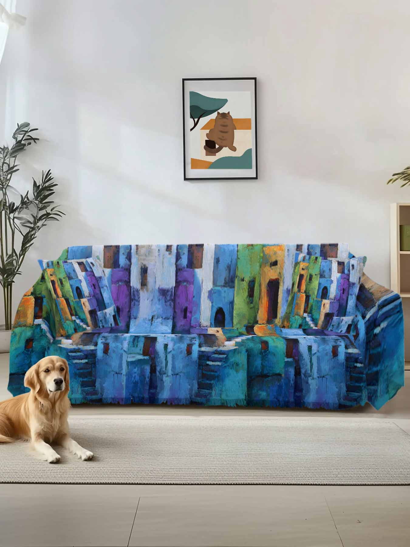 Abstract Blue Couch Cover, Painting Buildings Geometric Modern Art Sofa ...