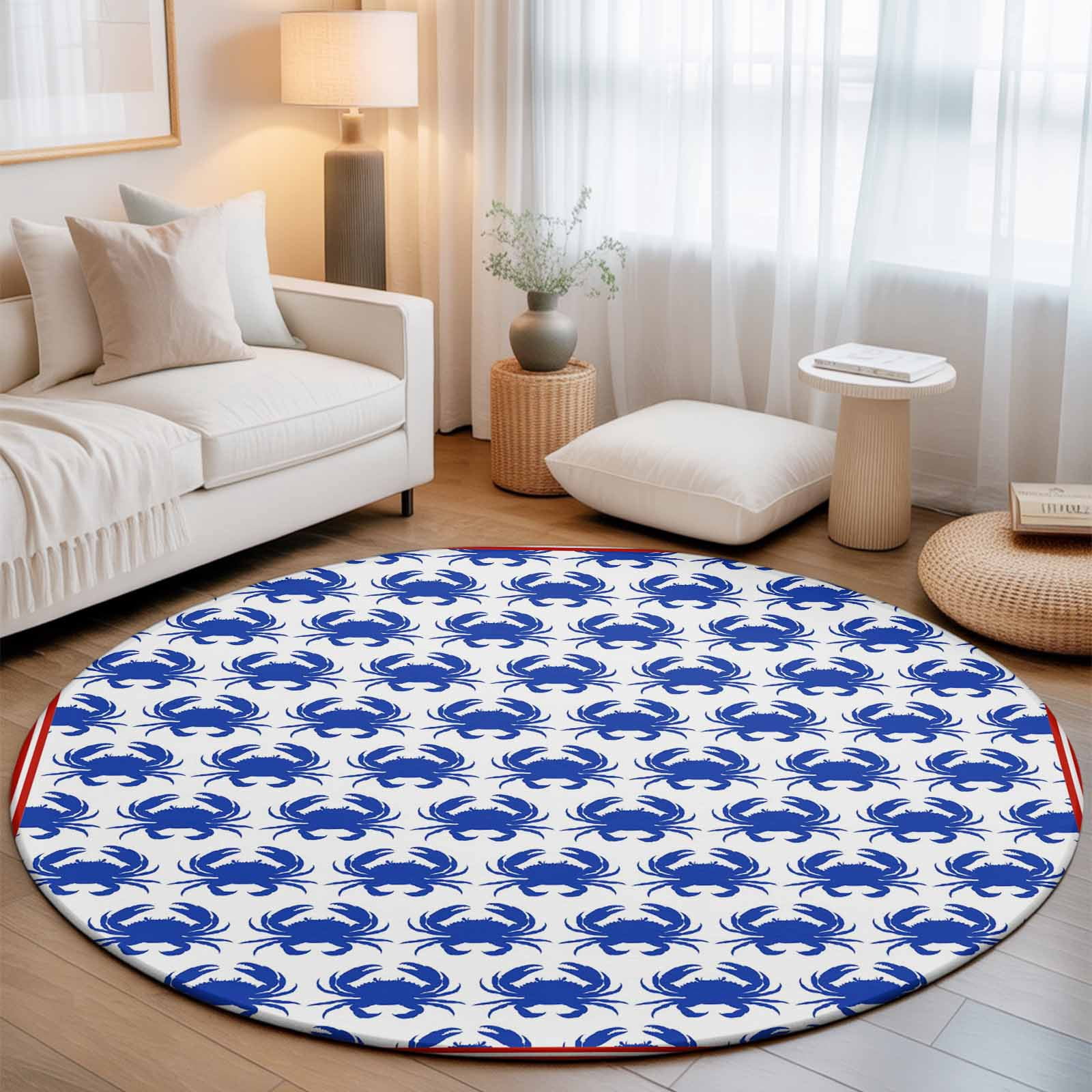 Abstract Blue Crab Pattern Round Rug 5ft Simple Red Border on White ...