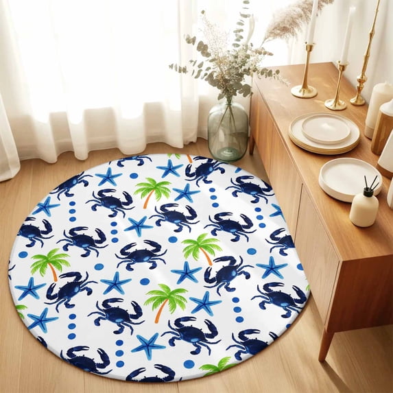 Abstract Blue Crab Starfish Round Rug 3ft Watercolor Palm Tree Washable ...