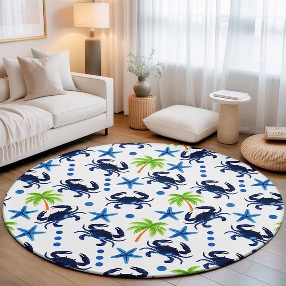 Abstract Blue Crab Starfish Round Rug 5ft Watercolor Palm Tree Washable ...