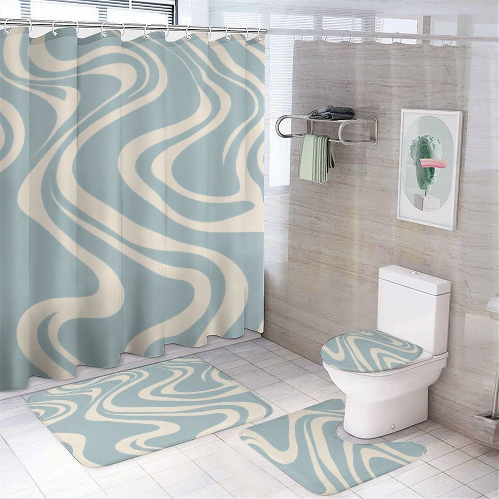 Abstract Blue Cream Wavy Lines 4 Pcs Bathroom Sets with Waterproof ...