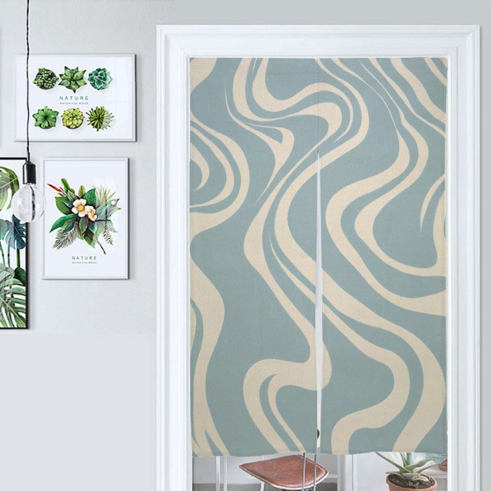 Abstract Blue Cream Wavy Lines Door Curtain Nordic Living Room ...
