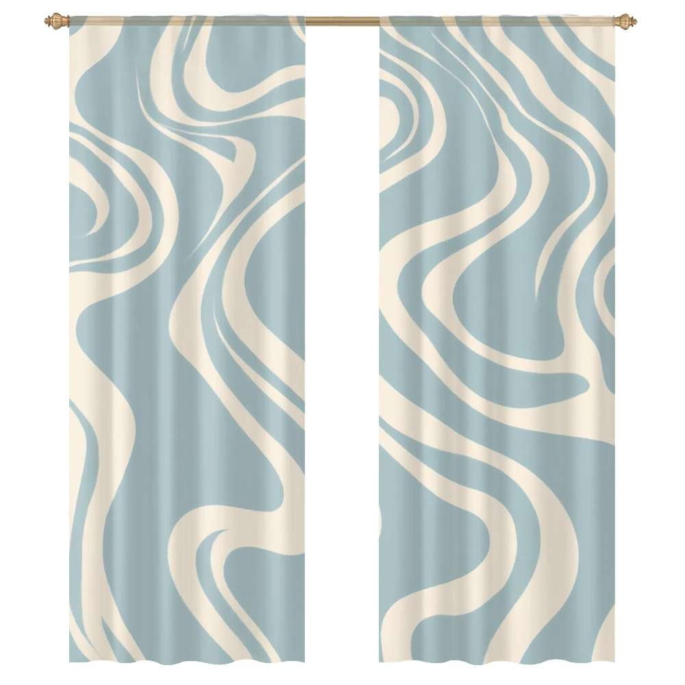 Abstract Blue Cream Wavy Lines Tulle Curtains For Living Room Chiffon ...