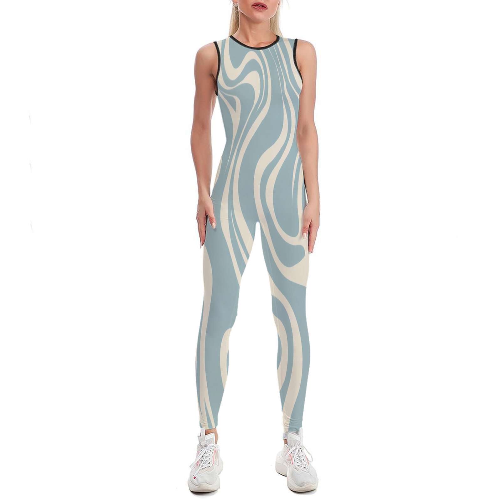 Abstract Blue Cream Wavy Lines Women's One Piece Yoga Jumpsuits ...