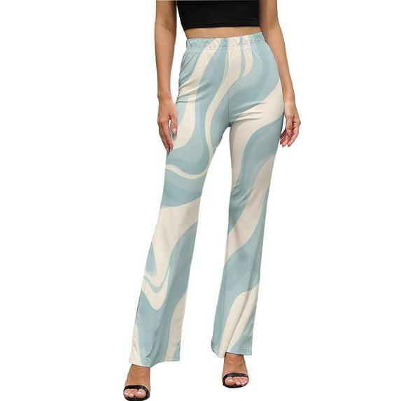 Abstract Blue Cream Wavy Pattern High Waisted Casual Flared Trousers ...