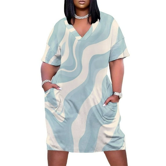 Abstract Blue Cream Wavy Pattern Loose Pocket Dress Dresses Summer ...