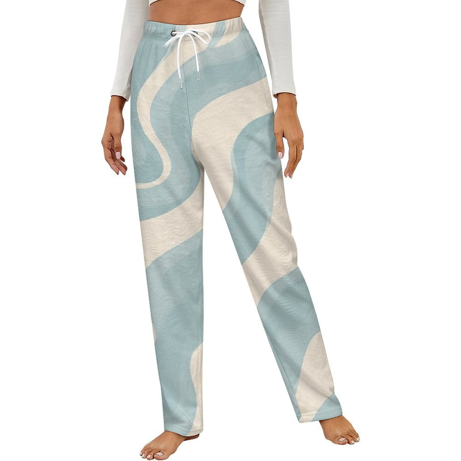 Abstract Blue Cream Wavy Pattern Winter Female Pants Flannel High Waist ...
