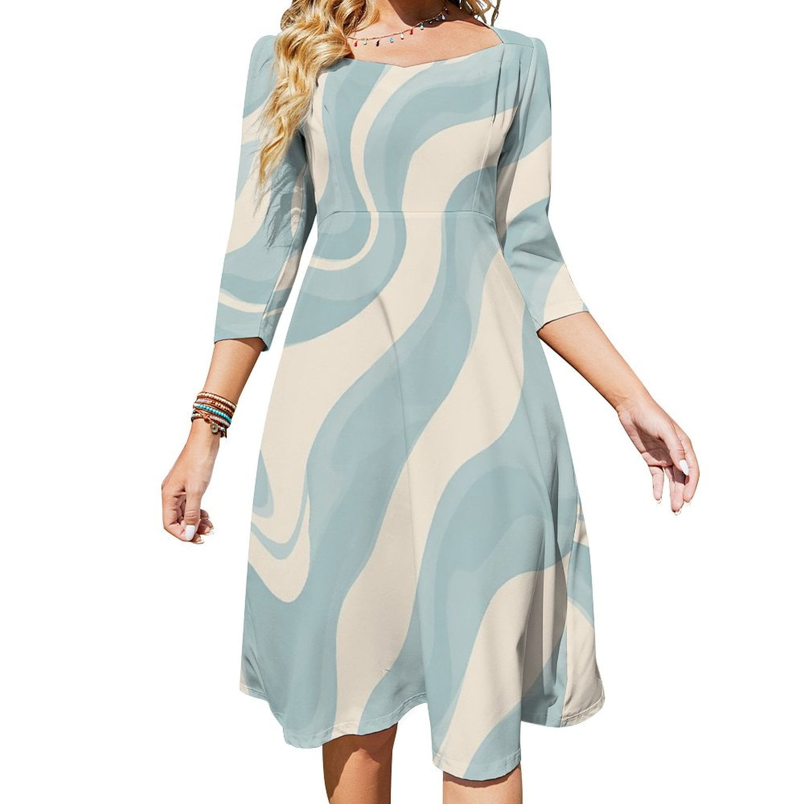 Abstract Blue Cream Wavy Pattern Womens Summer Dress Tie Back A Line ...