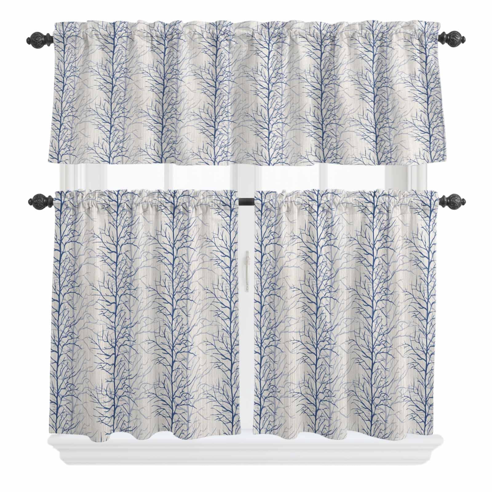 Abstract Blue Curtain Valances Set Tree Branch Pattern Kitchen Curtains ...