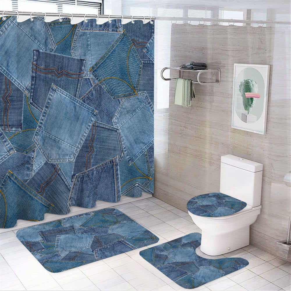 Abstract Blue Denim Theme 4 Piece Shower Curtain Sets,Rustic Farmhouse ...