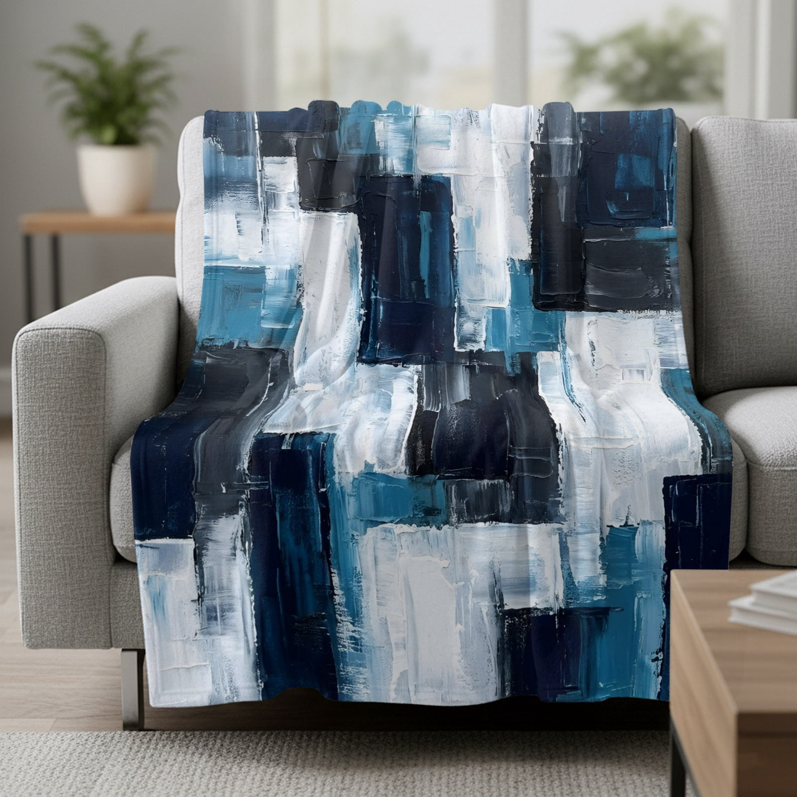 Abstract Blue Fleece Throw Blanket Black White Color Block Geometric ...