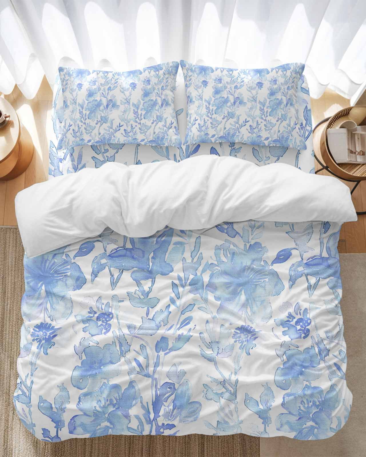 Abstract Blue Floral Bedding Duvet Cover Set Full Size 4 Pieces ...