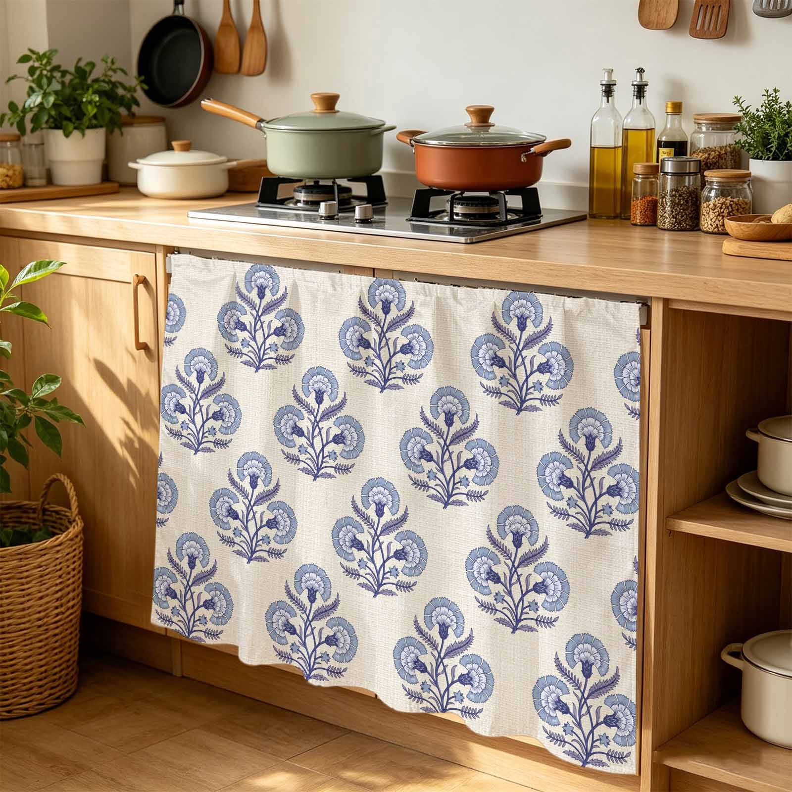 Abstract Blue Floral Cabinet Curtains 35" W x 35" L, Vintage Exotic ...